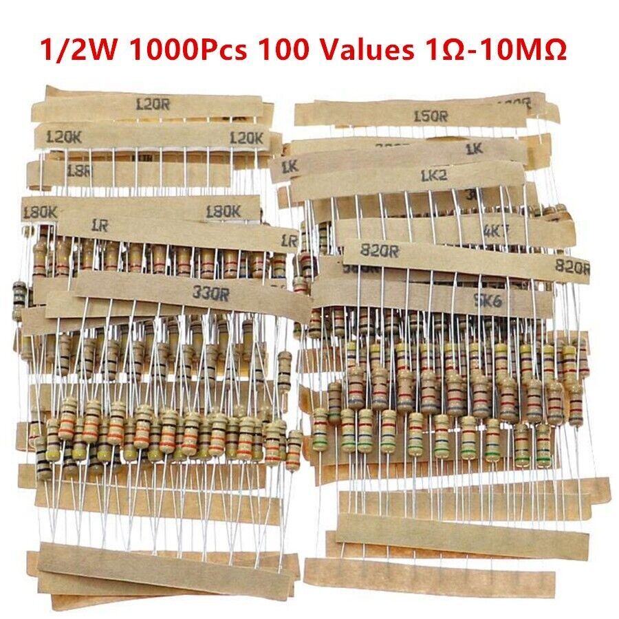 1000Pcs 100 Values 1/2W 0.5W Carbon Film Resistors Assortment kit 1-10M Ohm Ω | eBay