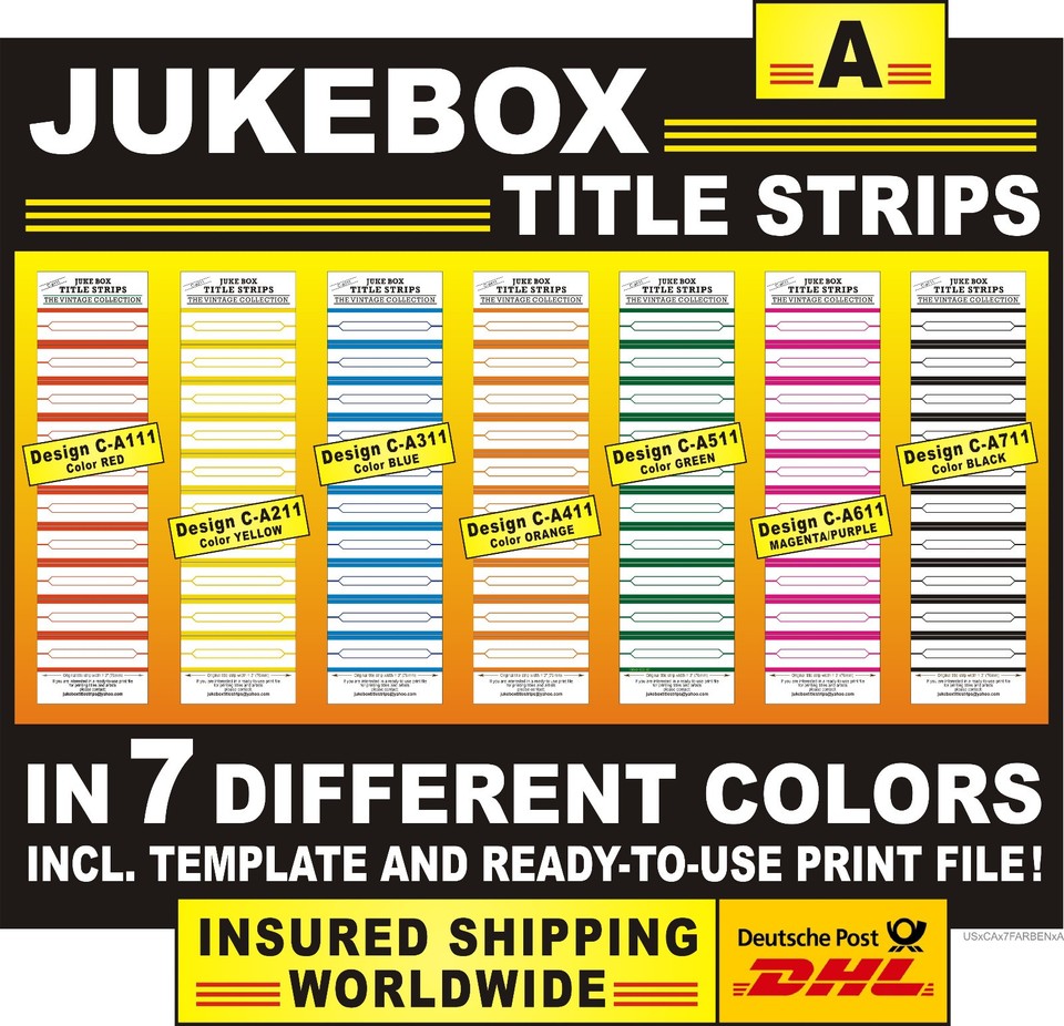 U1CA211) ⭐ 10-200 Jukebox TITLE STRIPS YELLOW ⭐ BLANK SHEEDS + TEMPLATE ...