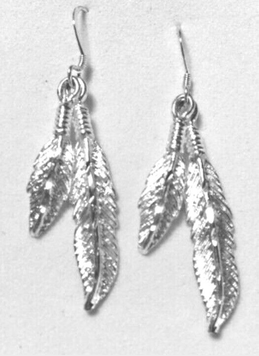 SIGNED "HAN" STERLING SILVER 925 SMALL LARGE DANGLING FEATHERS PIERCED ...