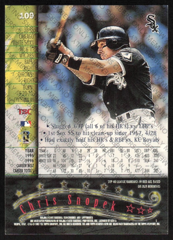 1997 Topps Stadium Club Members Only Chris Snopek #109 Chicago White ...