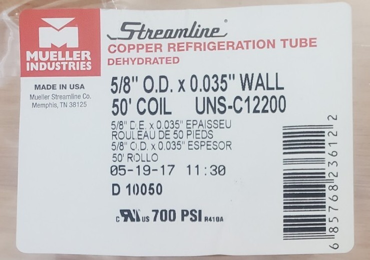 Streamline 657R Coil Copper Tubing, 5/8 In Outside Dia, 50 Ft Length ...