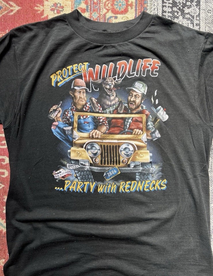 Vintage 80s 3D Emblem Protect Wildlife Party With Rednecks Large T ...