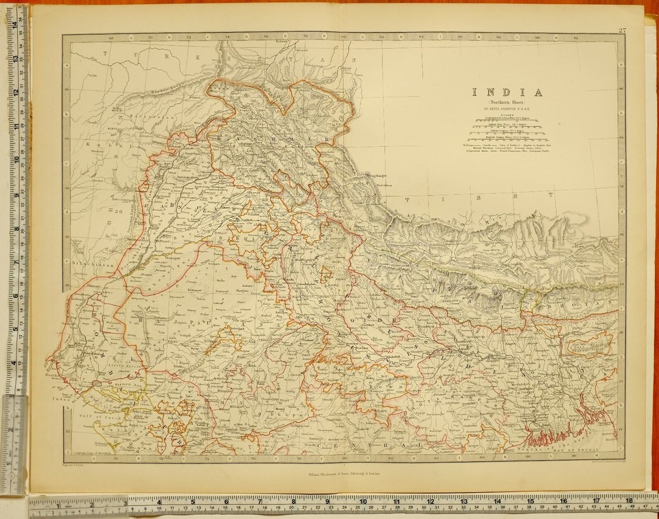 1873 HAND COLOURED MAP NORTHERN INDIA KASHMIR NEPAL BHOTAN BOMBAY ...