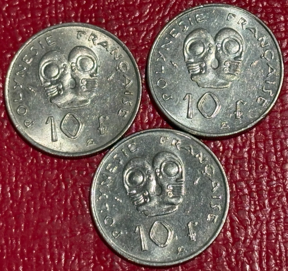 3-HIGH GRADE AU 1975/1979/1984 FRENCH POLYNESIA 10 FRANCS COIN-MAY484 ...