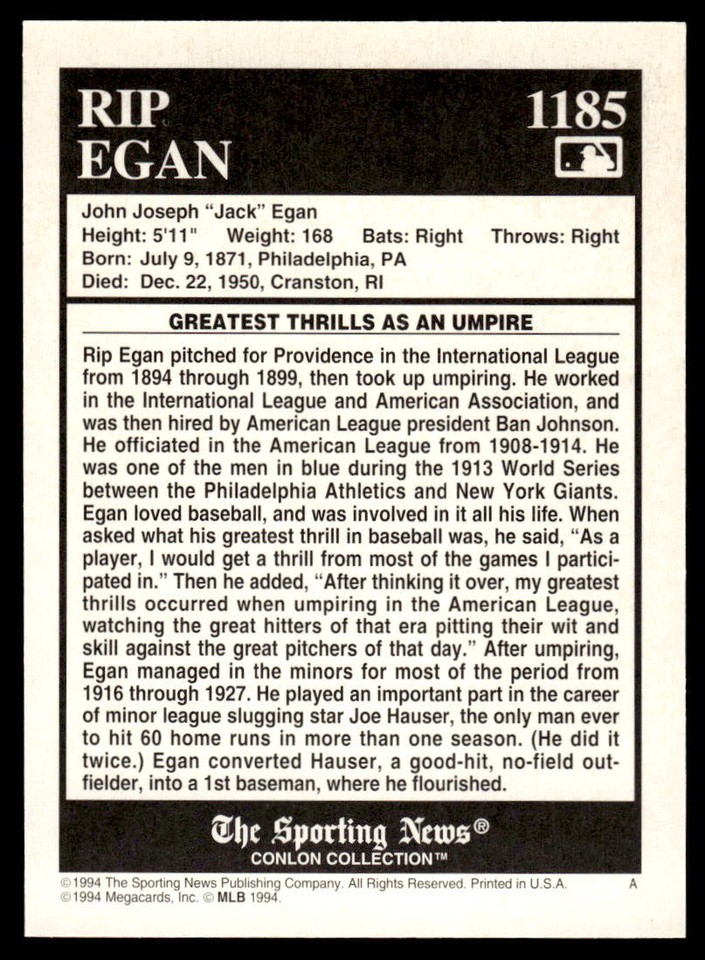 1994 Conlon TSN #1185 Rip Egan | eBay