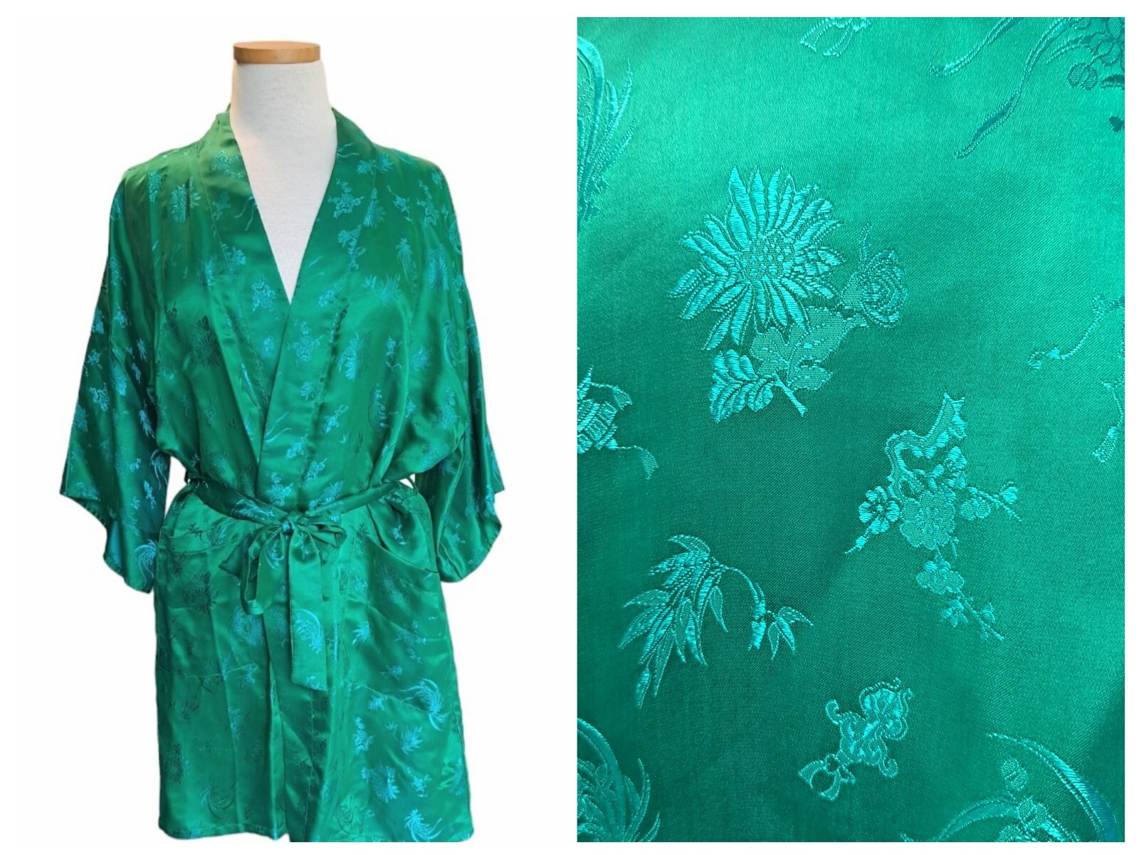 Vintage Chinese Silk Robe Housecoat Jacquard Floral Green Size Large | eBay
