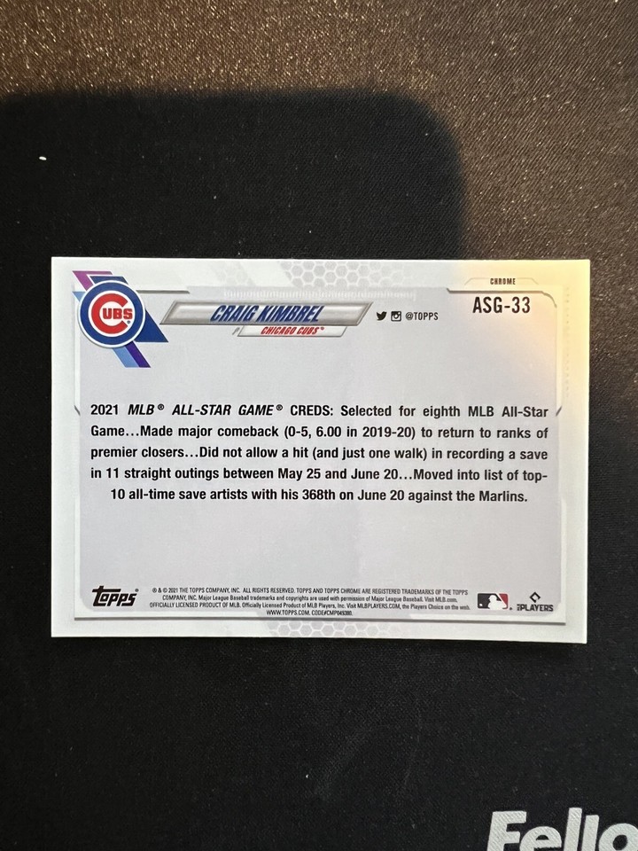 2021 Topps Chrome Update '21 All Star Game #ASG33 Craig Kimbrel Chicago ...