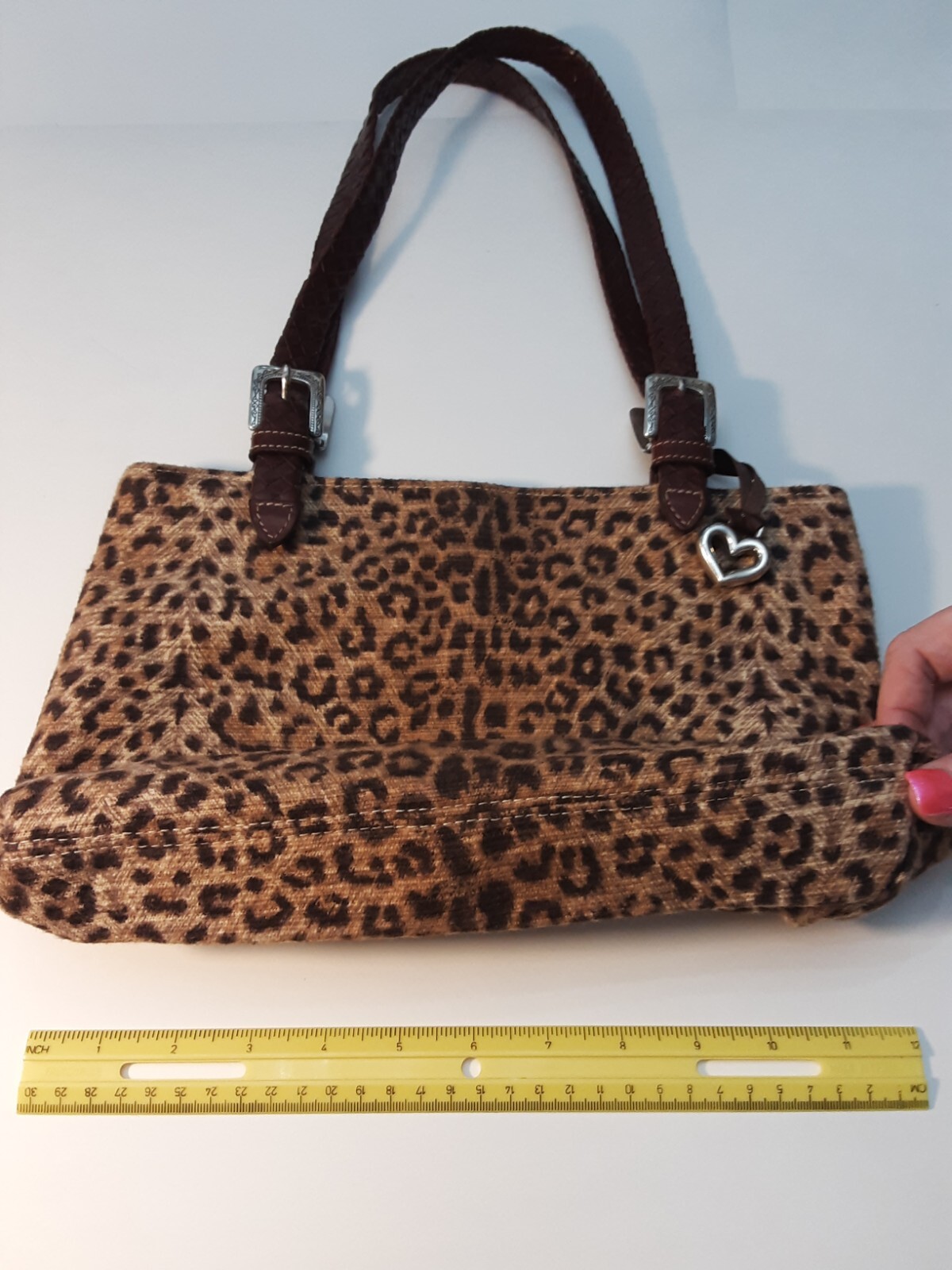 Brighton Leopard Print Shoulder Bag Purse Braided Leather Straps Heart ...