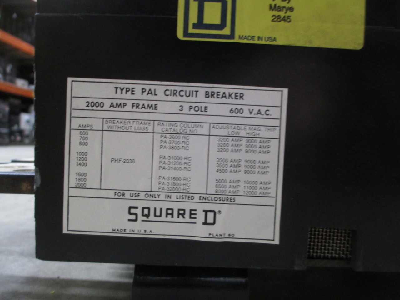 Sq D PHF2036 2000A Frame 1000A Rated 3P 600V Circuit Breaker MO/FM Used ...