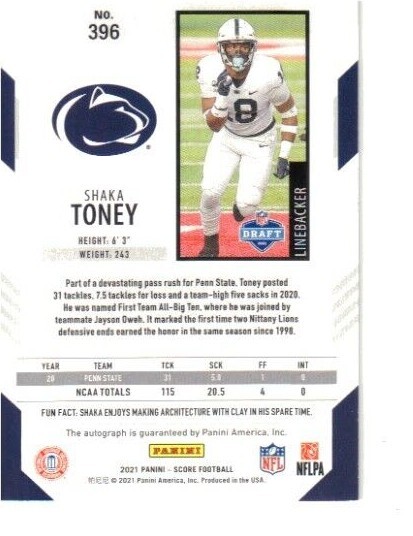 Penn State Shaka Toney authentic autographed 2021 Panini rookie card ...