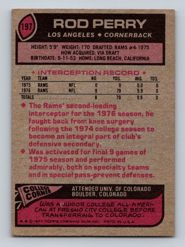 ROD PERRY 1977 TOPPS FOOTBALL RAMS ROOKIE #197 | eBay