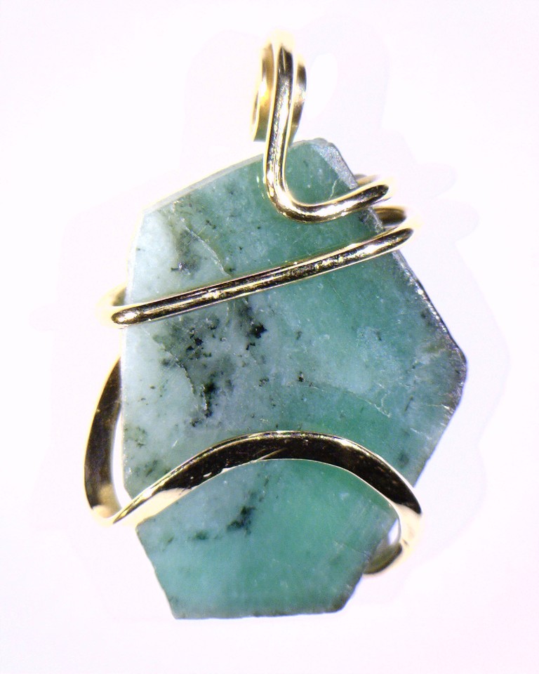 16.5ct Rare Emerald Crystal Slice in 14kt Gold Hand Forged Wire Wrap ...