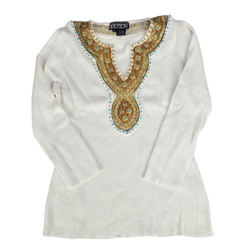 Vintage XL Berek White Ribbed Sweater Turquoise Gold Tone Beaded Mesh ...