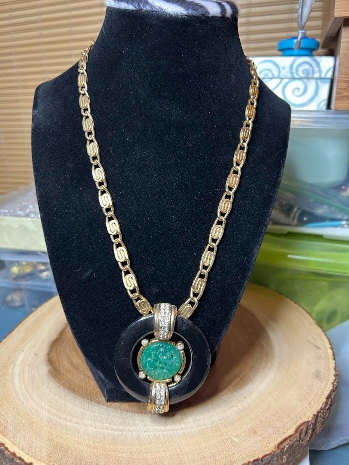 Vintage Craft Art Deco Style Faux Carved Jade Resin Crystal Necklace ...