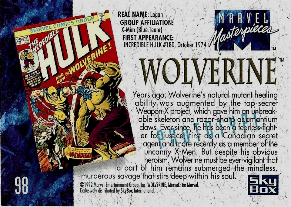 MARVEL MASTERPIECES `WOLVERINE PROTOTYPE CARD 1992 SKYBOX | eBay