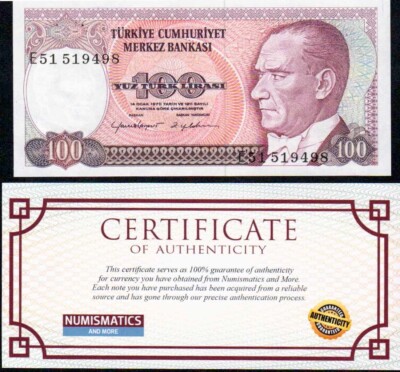 Turkey 100 Lira P-194b 1970 (1980) UNC Uncertified USA seller COA | eBay