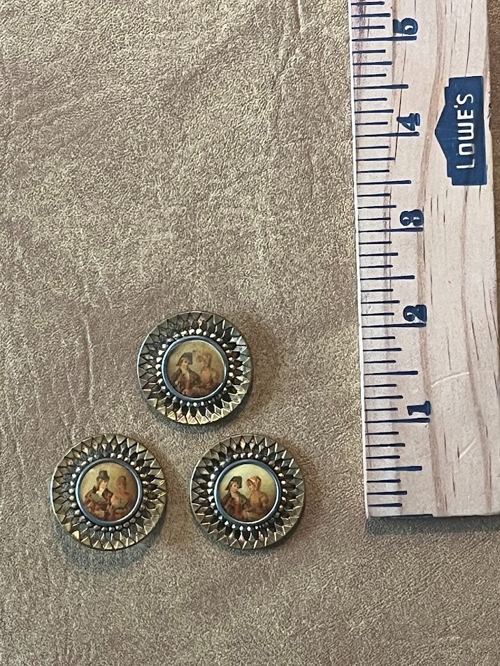 3 Antique Buttons Large Metal Buttons w/ Lithograph of Woman and Man ...
