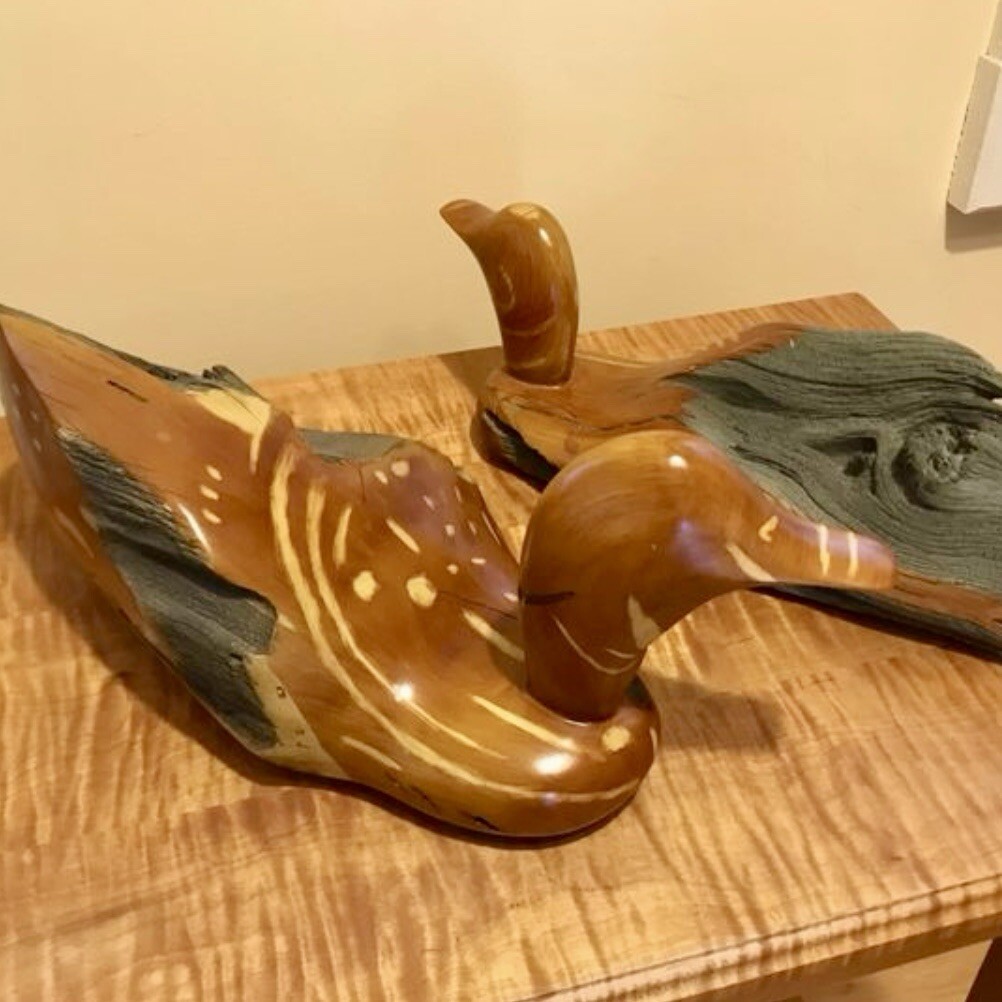 Pair Of Vintage Hand Carved Fence Post Wood Duck Decoy Figurine ...