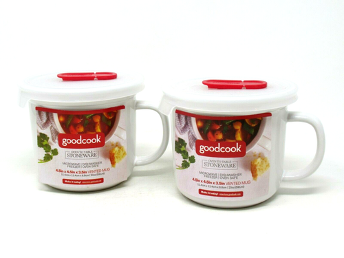 (2) Good Cook Vented Soup Mugs 20oz White/Red Vent Microwave Oven ...
