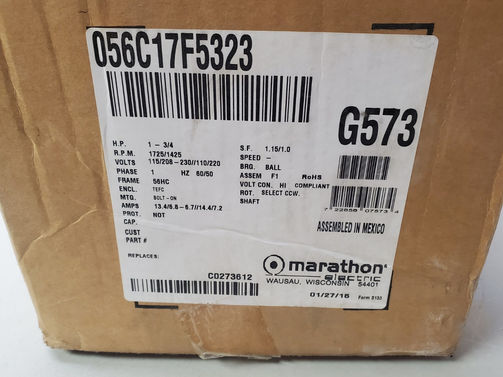 Marathon G573 Electric Motor 1 HP 1800 Rpm 1PH 115/208-230 V 56HC ...