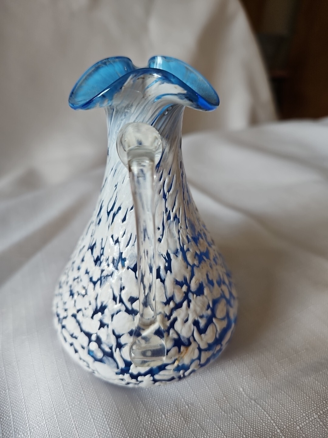 Vtg Hand Blown Pilgrim Art Glass Light Blue Splatter Small Pitcher 4.5 ...