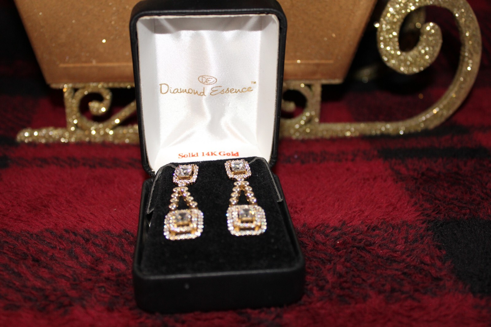 DIAMOND ESSENCE 14K YG EARRINGS SIMULATED Princess Cut DIAMONDS 2"Long ...
