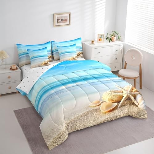 Beach Theme Comforter Set 7 Pcs Starfish Seashell Conch Ocean Queen Sky ...