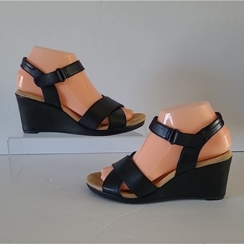 Clark's SZ 7 Wedge Sandals Black Comfort Ankle Strap Leather Style ...