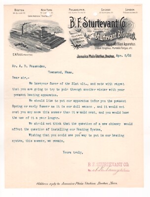 1893 BF STURTEVANT LETTERHEAD BLOWERS STEAM ENGINES JAMAICA PLAIN ...