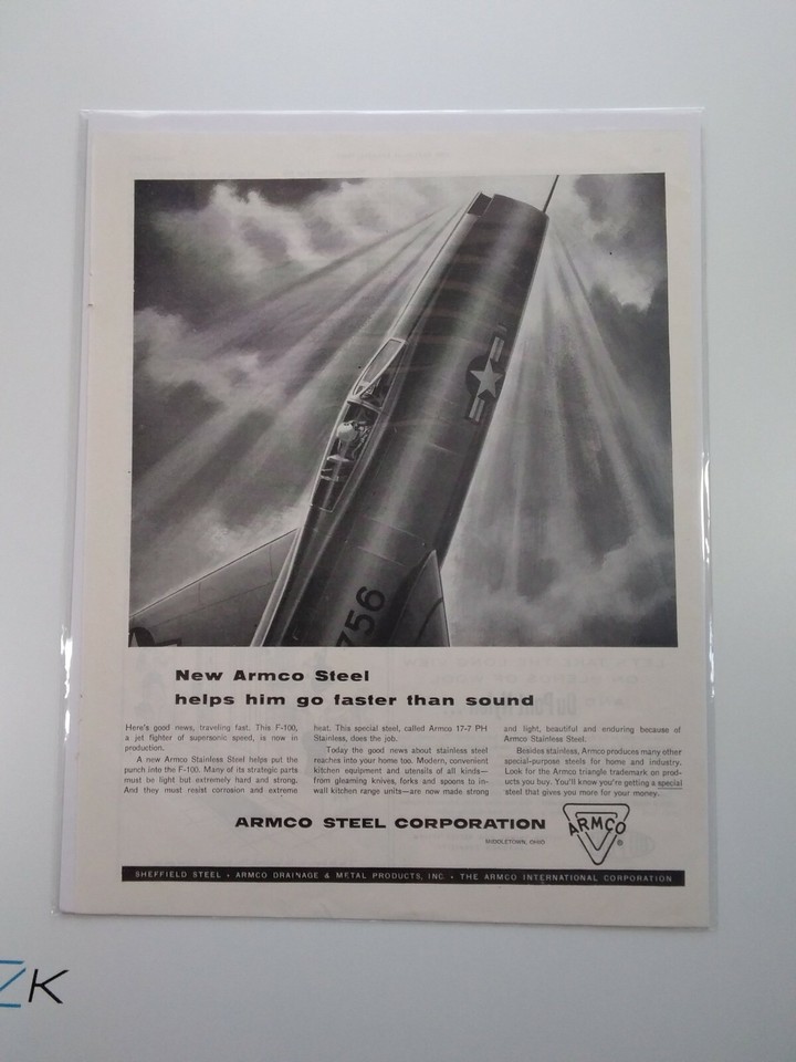 ARMCO Steel Print Ad Original Vintage 1950s F-100 Jet Fighter ...