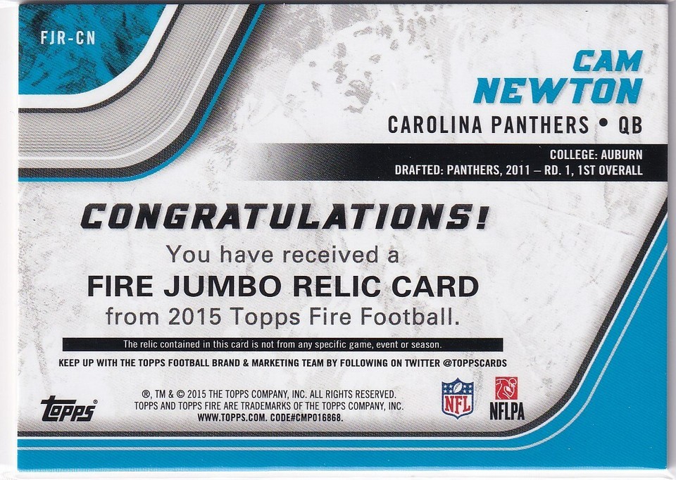CAM NEWTON 2015 Topps Fire Jumbo Relic #FJRCN Panthers | eBay