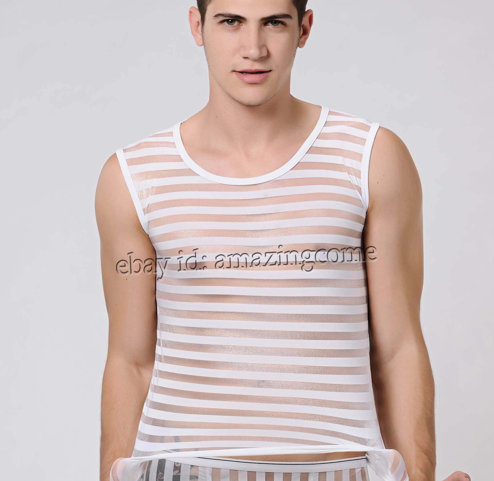 Men See-through Mesh Tank Top Underwear Stripe Transparent T-Shirt Vest ...