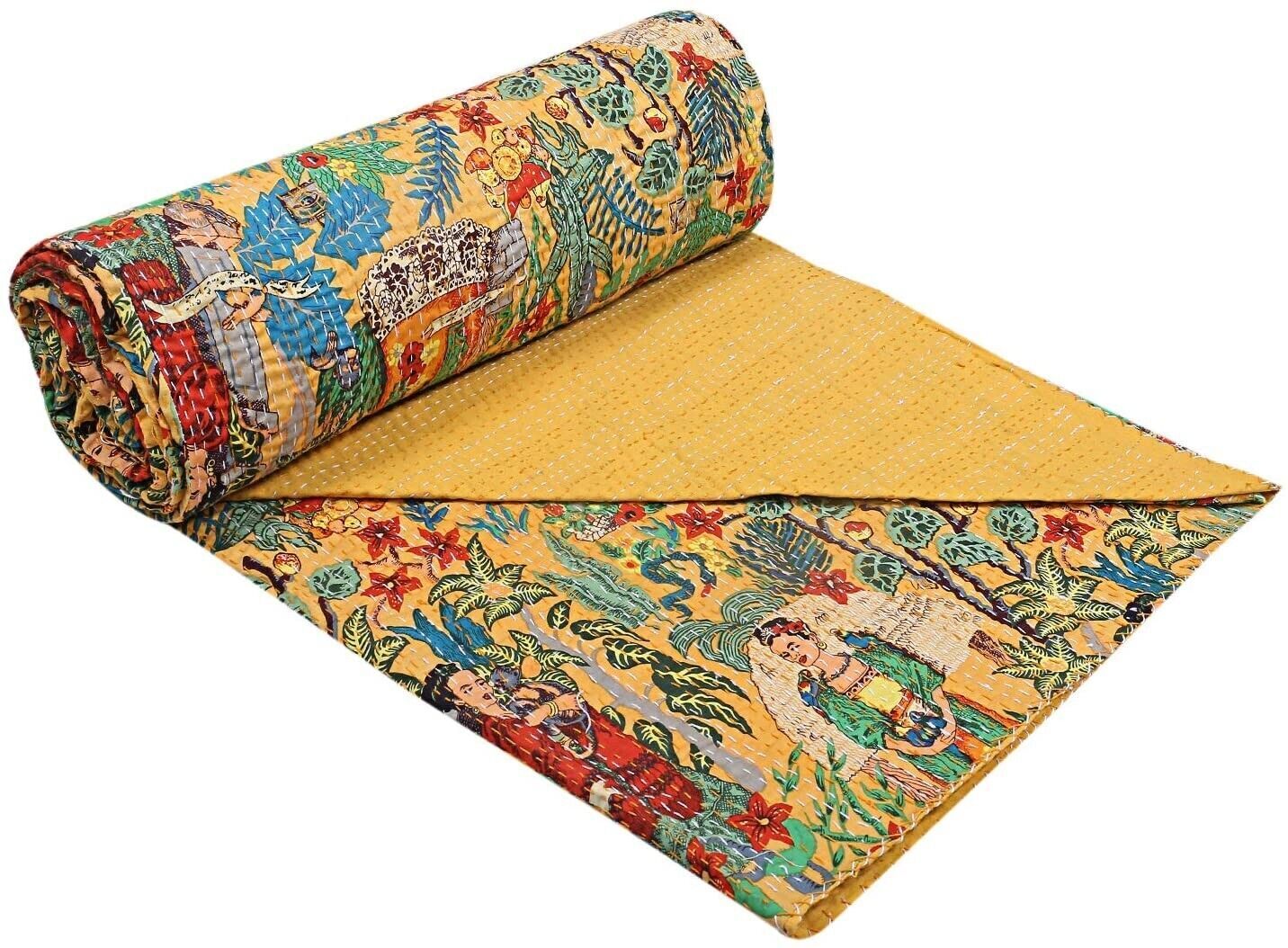 Handmade Cotton Kantha Throw King Size Boho Ralli Blanket Bedspread ...