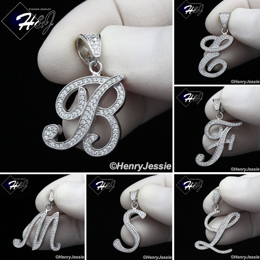 MEN WOMEN SOLID 925 STERLING SILVER ICY BLING CZ 26 INITIAL LETTERS ...