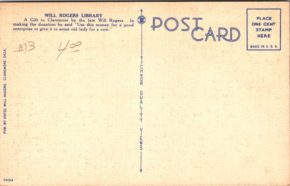 Postcard Claremore Oklahoma Will Rogers Library vtg Linen A8 | eBay