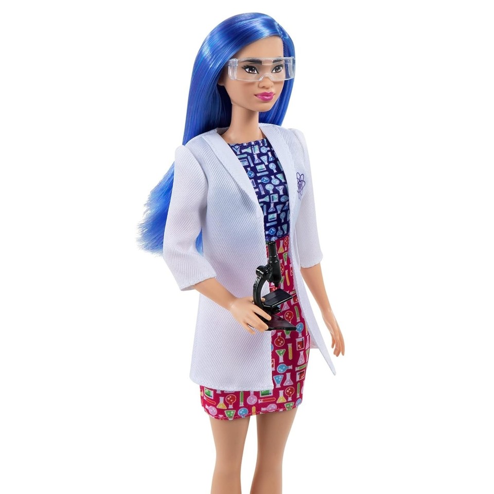 Barbie Scientist Doll Blue Hair, Color Block Dress, Lab Coat & Flats ...