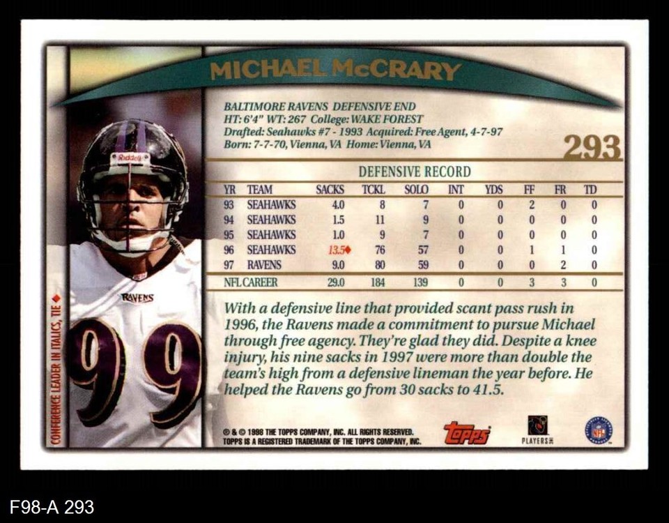 1998 Topps #293 Michael McCrary Ravens Wake Forest 8 - NM/MT | eBay