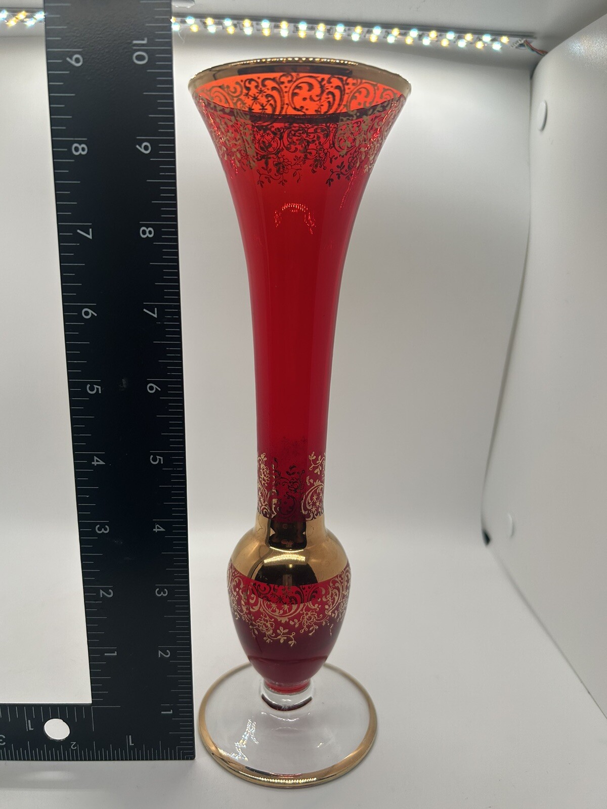 Vintage 10” Ruby Red Glass bud vase 22k gold painted detail | eBay