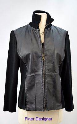 CWC Coldwater Creek black leather JACKET knit moto zip BLAZER Coat top ...
