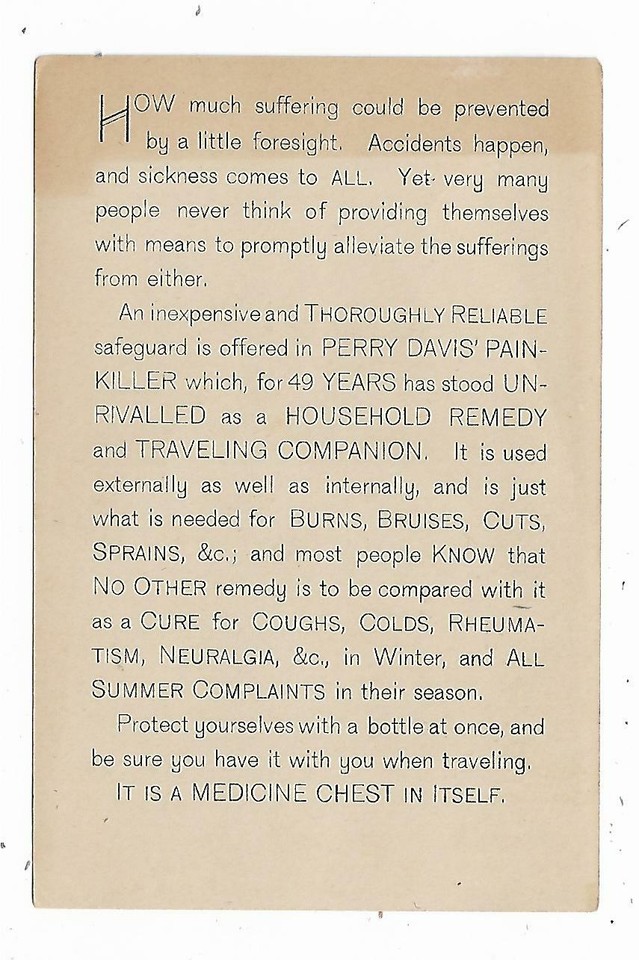Old Quack Medicine Trade Card Perry Davis' Pain Killer Household Remedy ...