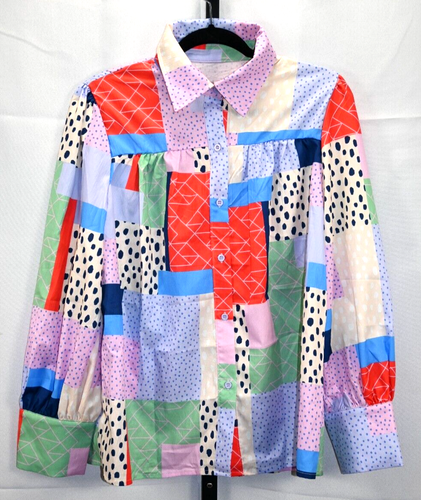 Retro 80's Style Patch Work Button Up Blouse Long Sleeve Size L 100% ...