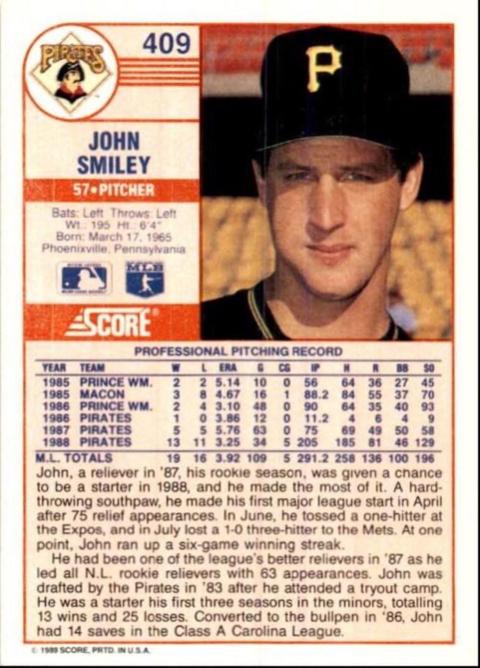 1989 Score Baseball Card John Smiley Pittsburgh Pirates #409 | eBay