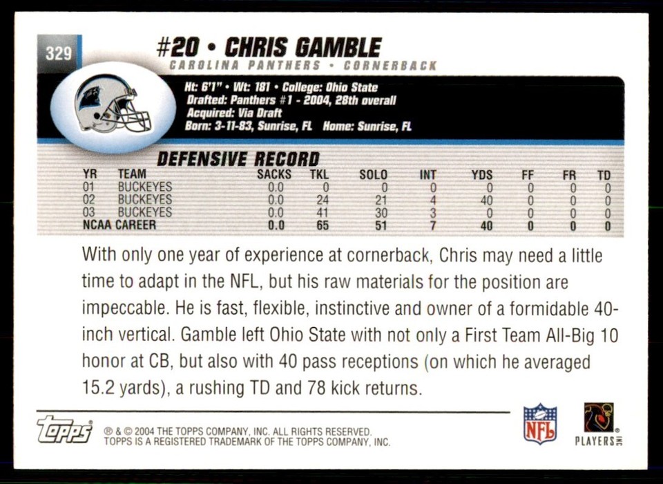 2004 Topps Chris Gamble Rookie Carolina Panthers #329 NFL Football | eBay