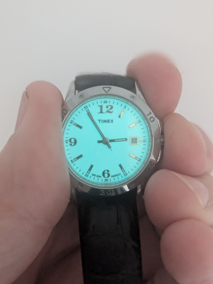 Timex Indiglo Watch WR50M Black Buckle Leather Band Silver Color With ...