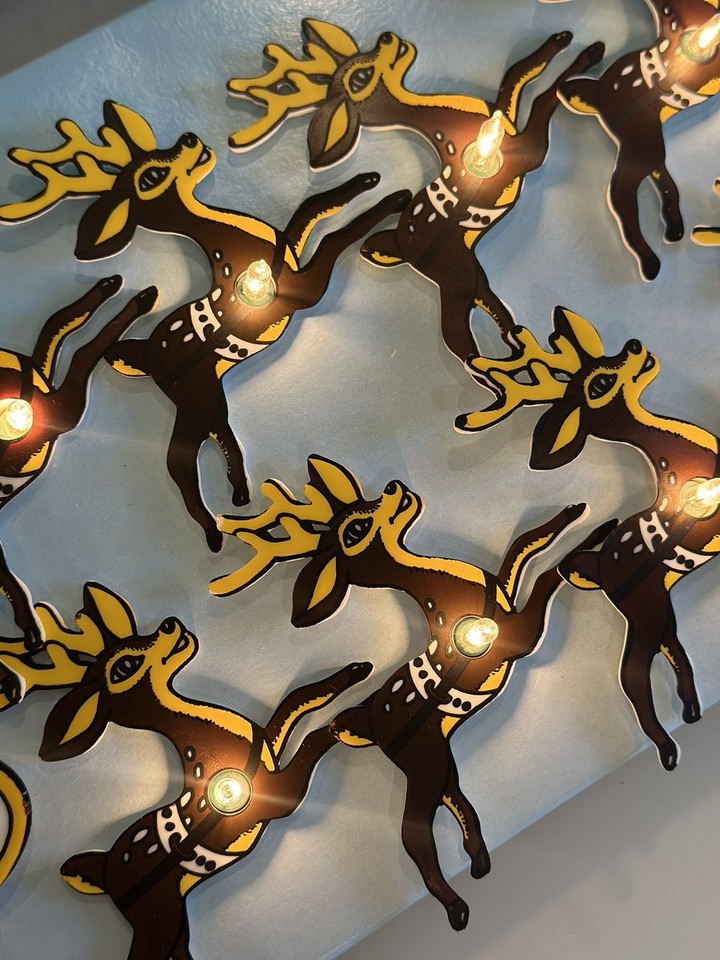 VTG Christmas 10 Light String Set SANTA in SLEIGH & 8 REINDEER New NOB ...