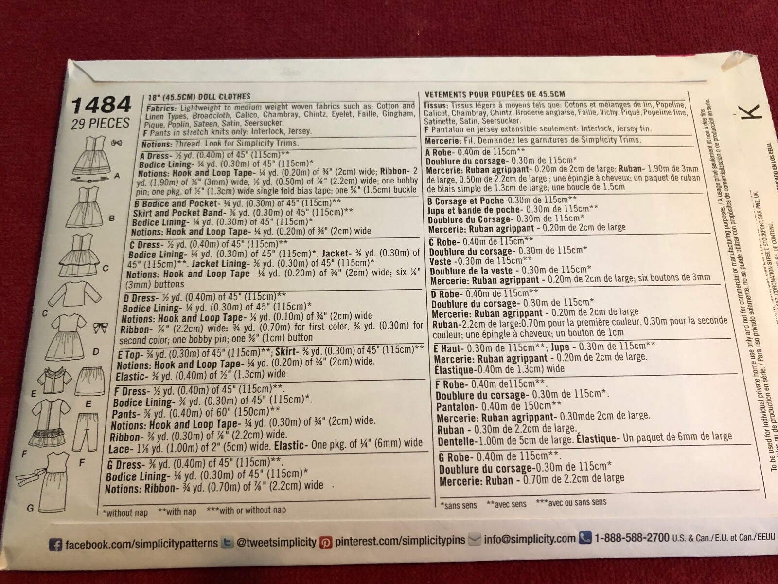 🌸 SIMPLICITY #1484 - 18" DOLL CLOTHING - FITS AMERICAN GIRL DOLL ...