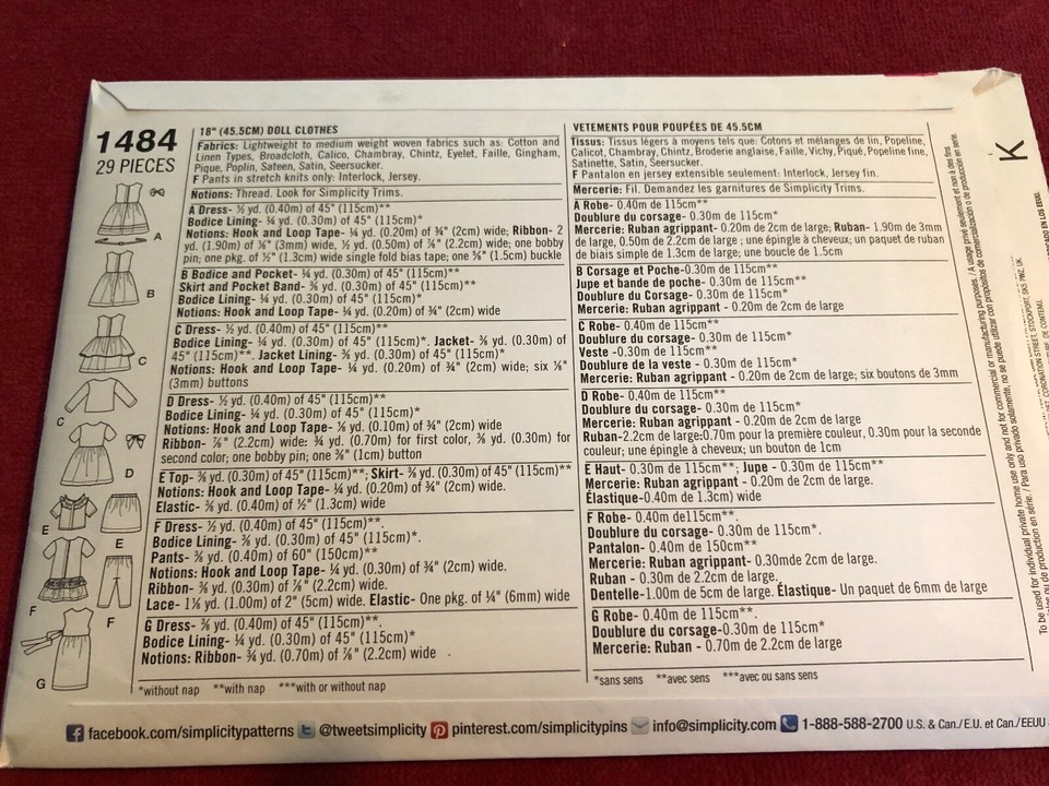 🌸 SIMPLICITY #1484 - 18" DOLL CLOTHING - FITS AMERICAN GIRL DOLL ...