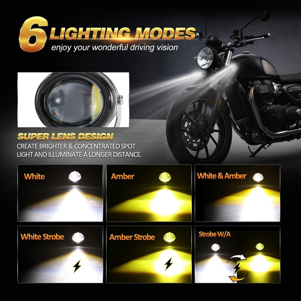 LED Motorcycle Headlights Driving Fog Spot Lights White Amber Strobe ...