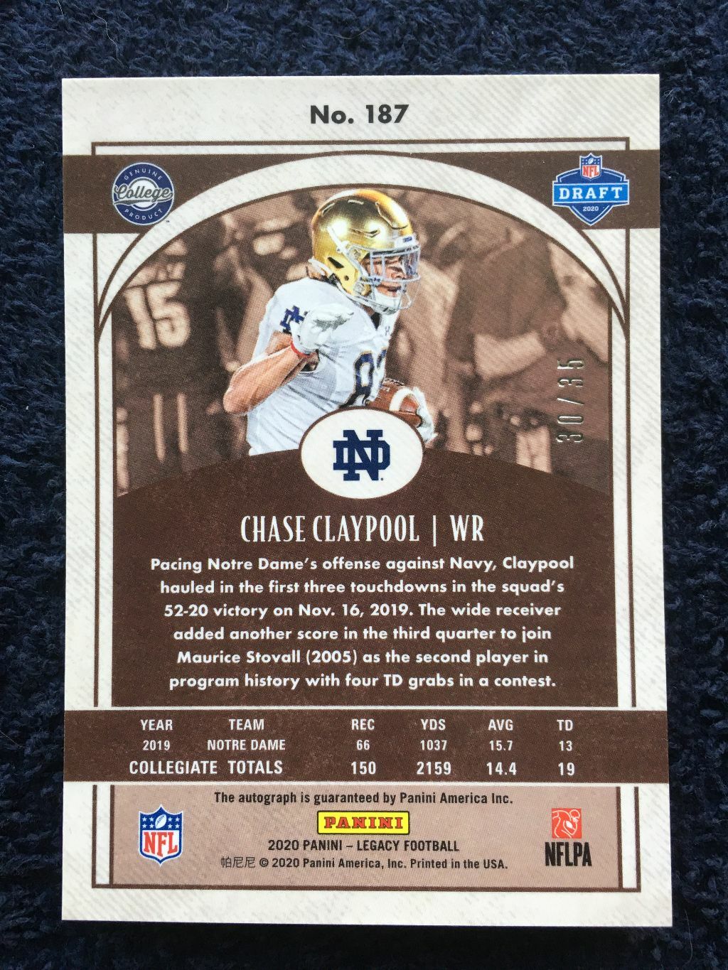 Chase Claypool #187 - 2020 Panini Legacy Football - Blue Rookie ...