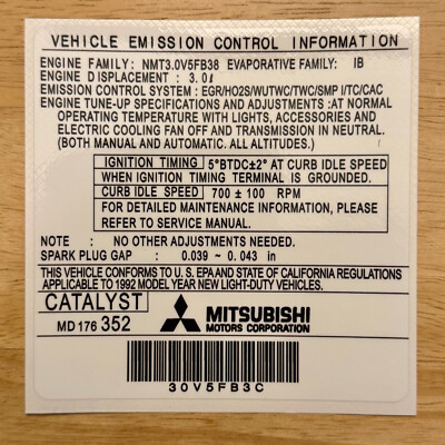 Vehicle Emission Control Information Decal (1992) | eBay